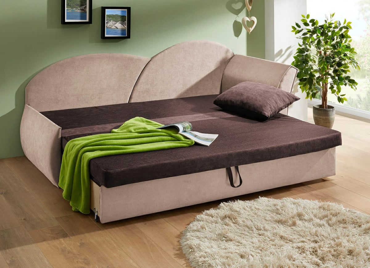 Canapea bej-maro extensibila cu depozitare si perna decorativa 213 cm ...