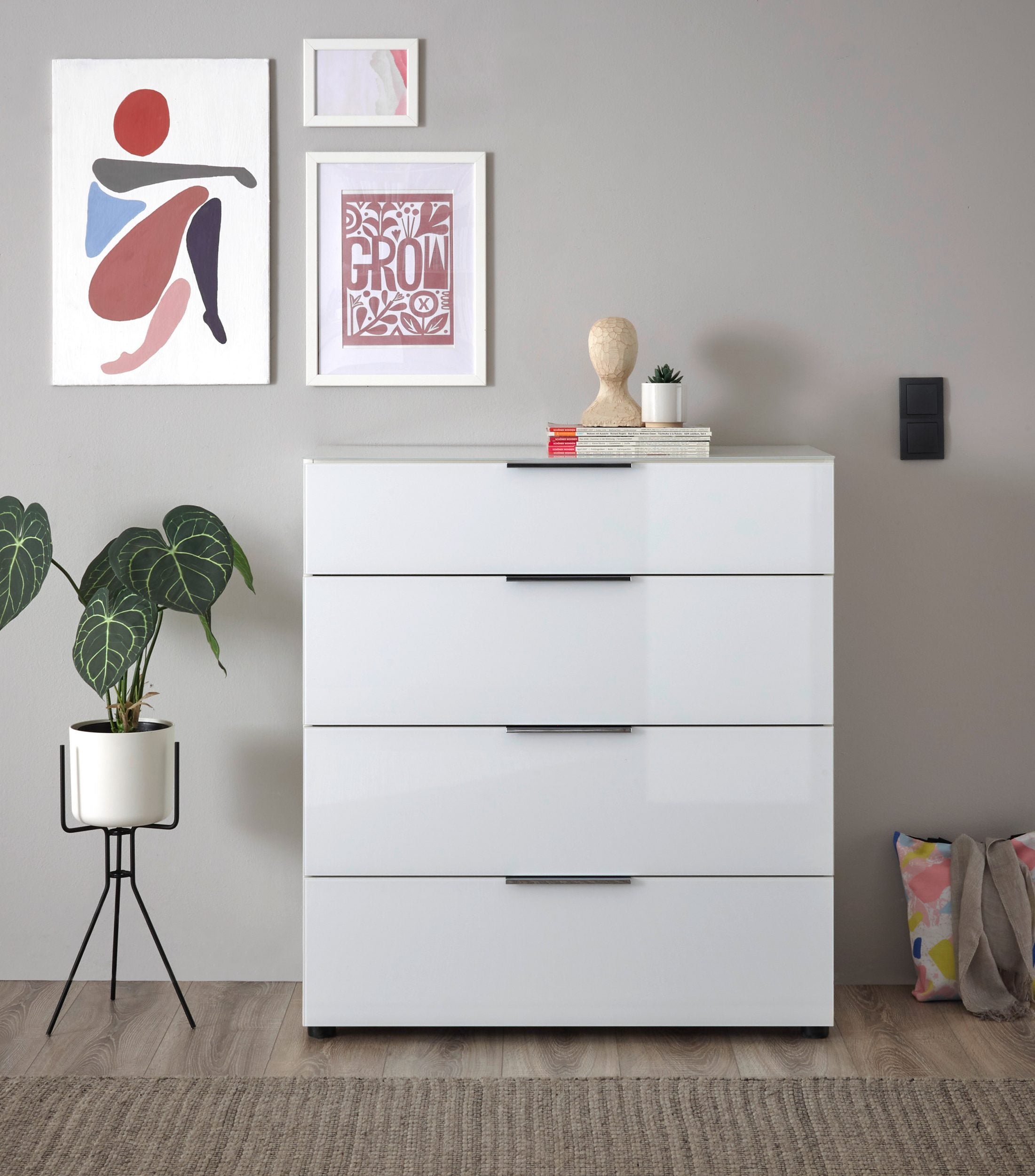 Comoda Santorin cu 4 sertare, fronturi si blat din sticla alba 90 cm ...