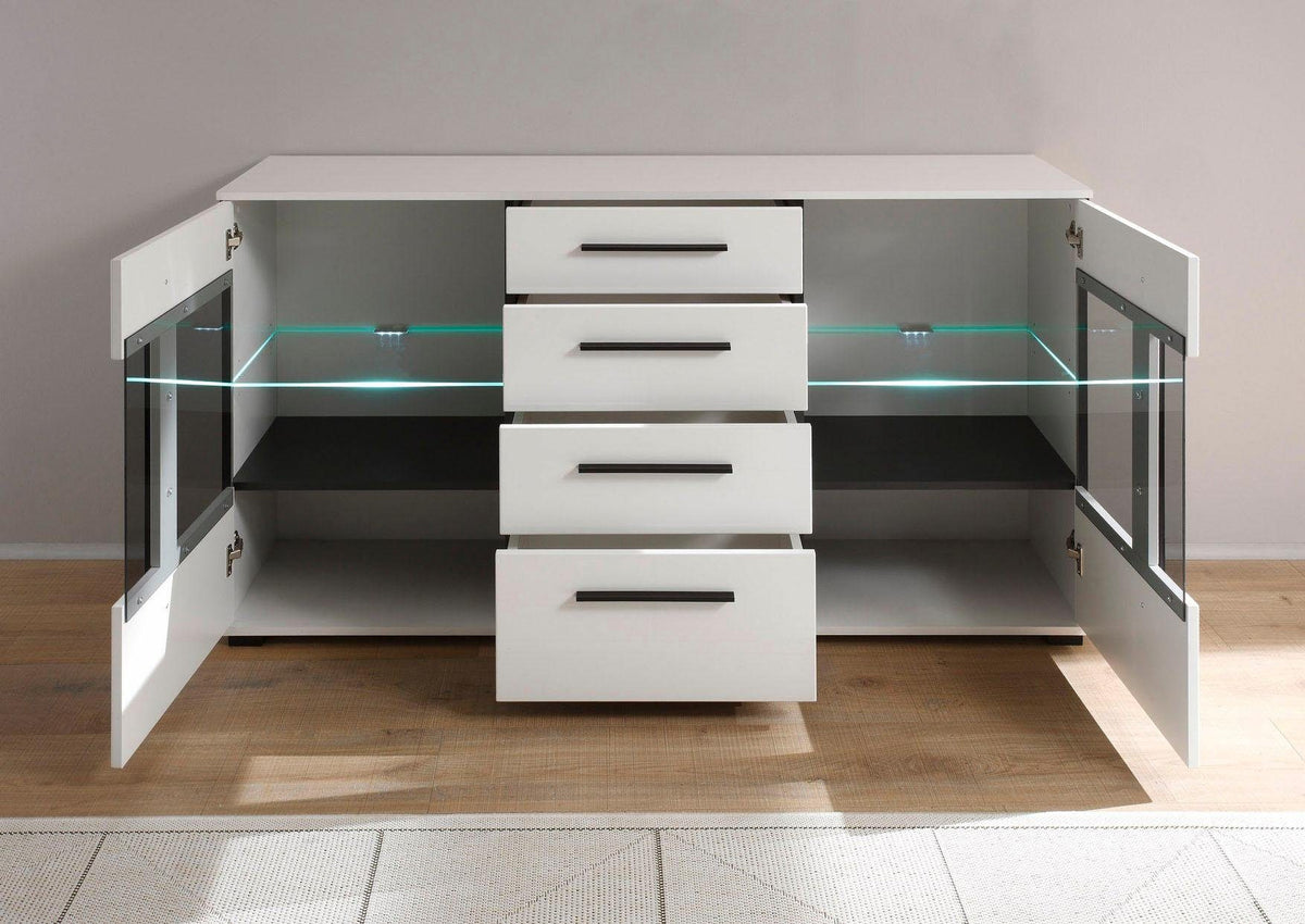 Comodă modernă Cantara alb lucios cu sticla 150 cm lățime | LunaHome.ro