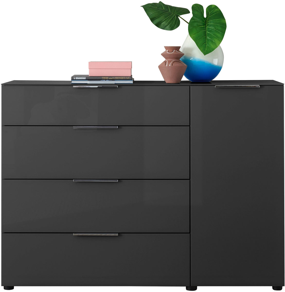 Comoda moderna Santorin gri cu fronturi si blat din sticla 135 cm