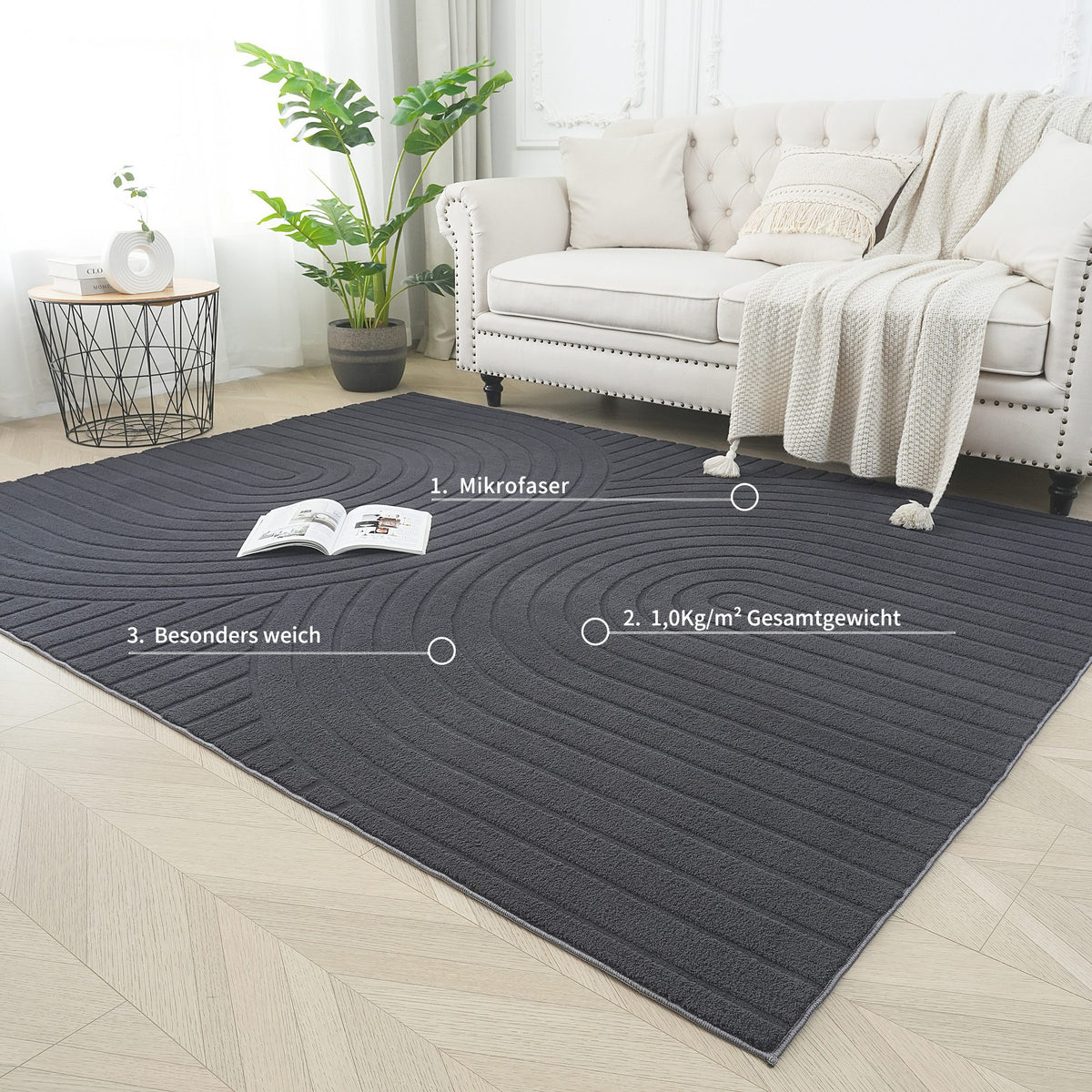 Covor Cali pufos cu model 3D boho lavabil gri antracit 180x230 cm