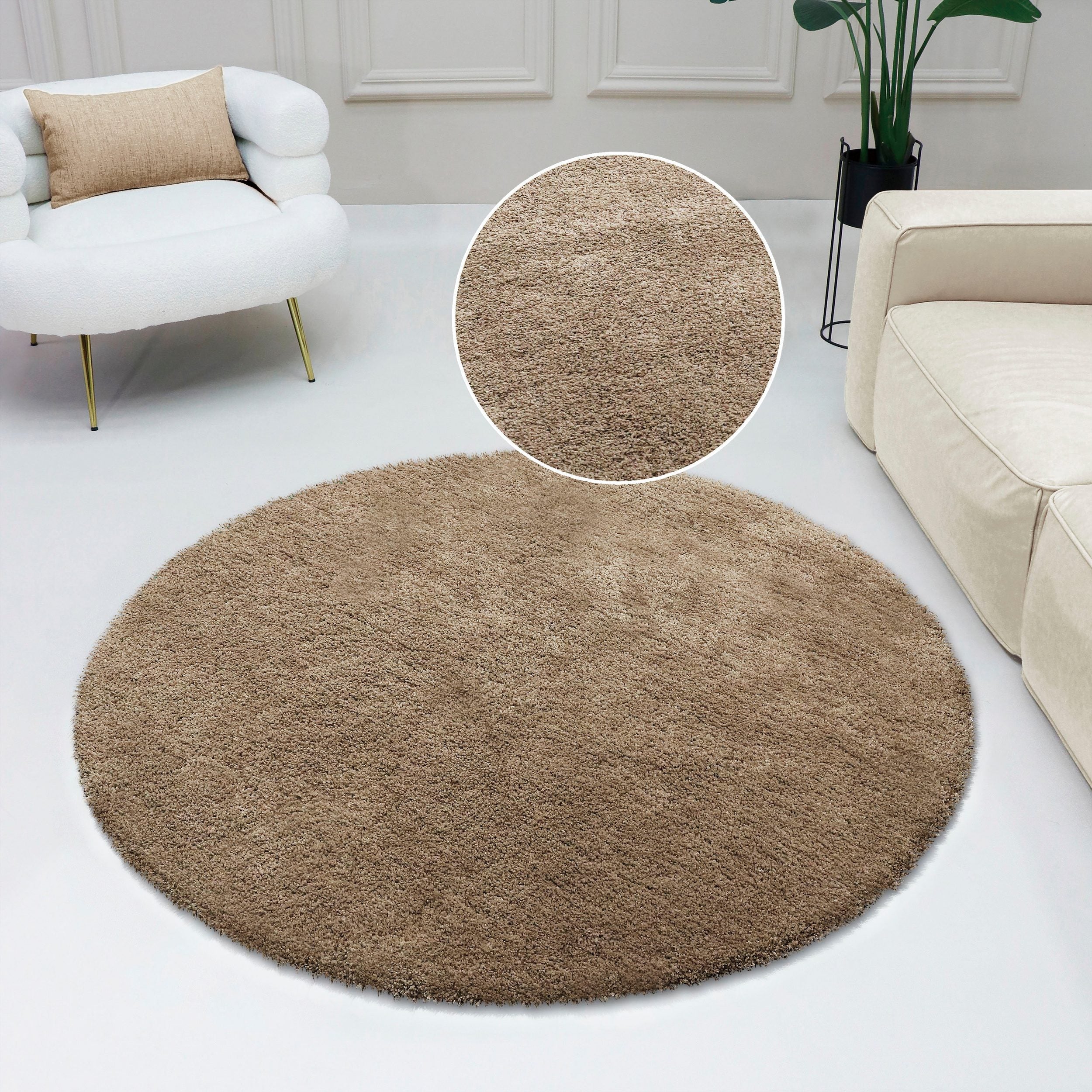 Covor rotund foarte pufos Desner culoarea nisipului 140 cm diametru ...