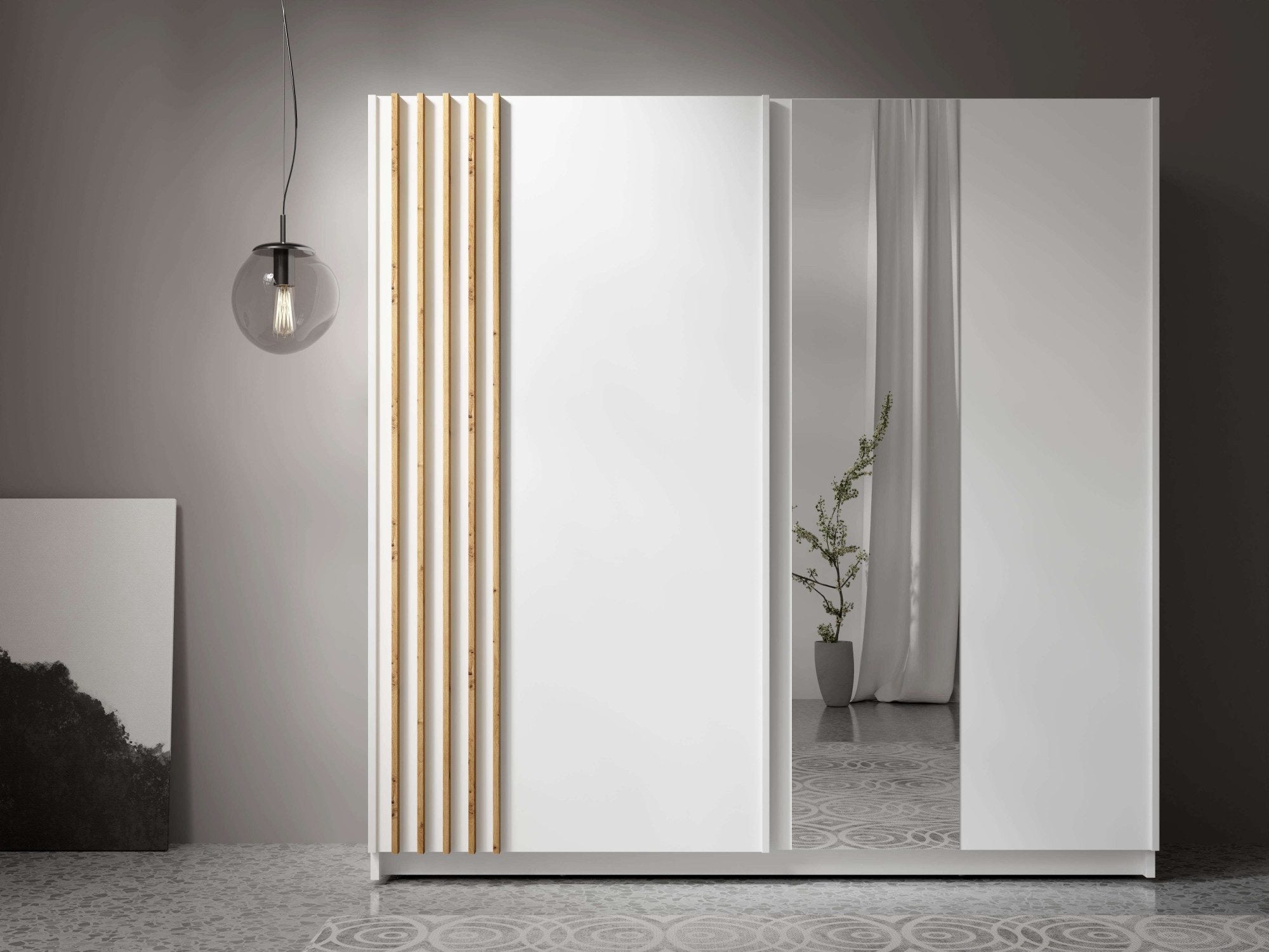 Dulap de dormitor Charisy cu model riflaj si oglinda 200 cm lățime ...