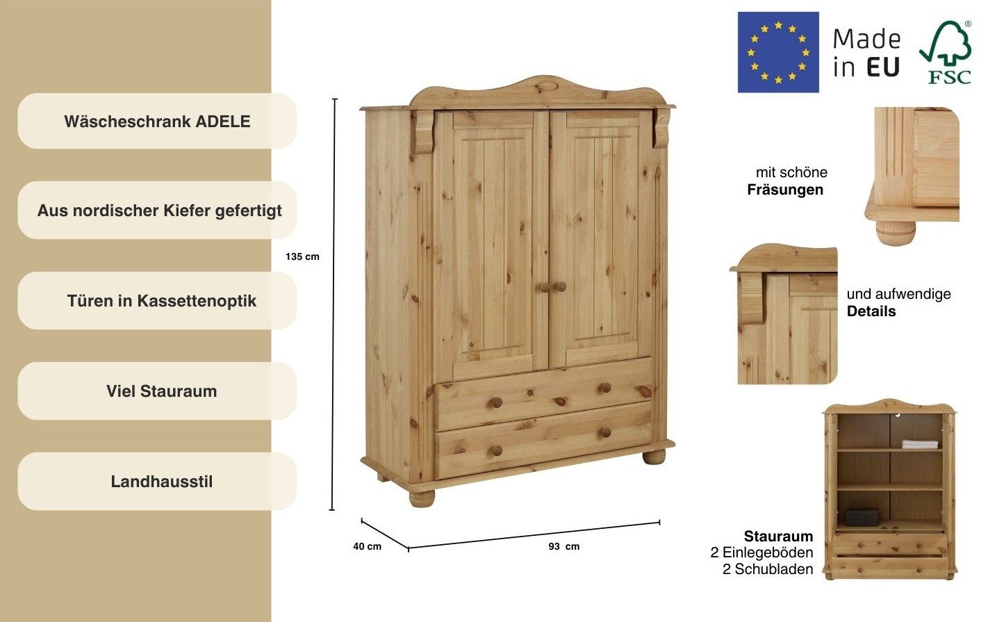 Dulap midi Adele din lemn de pin natur rustic 93 cm lățime | LunaHome.ro