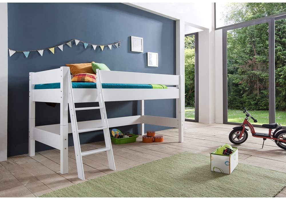 Pat înalt pentru copii Relita Kim din lemn de fag alb, 90x200 cm ...